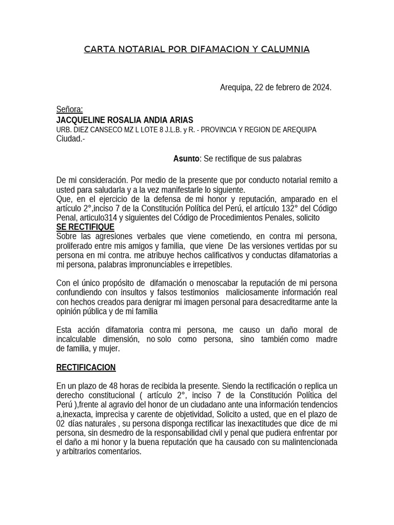 CARTA NOTARIAL Por Difamacion y Calumnia Sra Andia - Sra Jacqueline | PDF