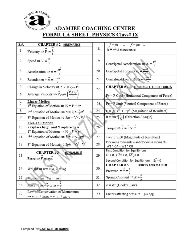 IX-PHYSICS, Formula Sheet With Units, Constants & Conversion | PDF ...