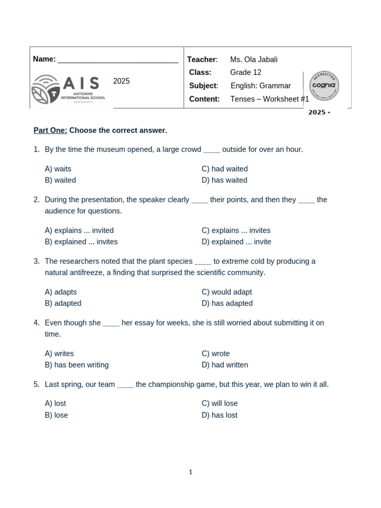 Grade 12 - ELA - Grammar Worksheet #1 - September 2025 | PDF ...