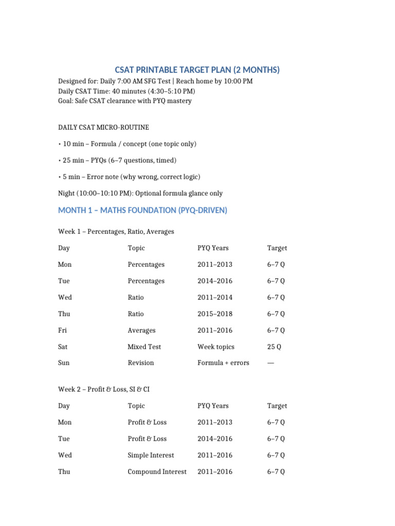 CSAT Printable Target Plan 2 Months | PDF