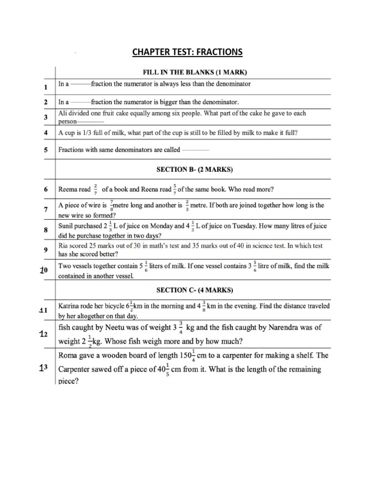 Chapter Test - Fractions | PDF