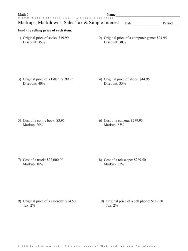 Markups, Markdowns, Sales Tax & Simple Interest Worksheet | PDF ...