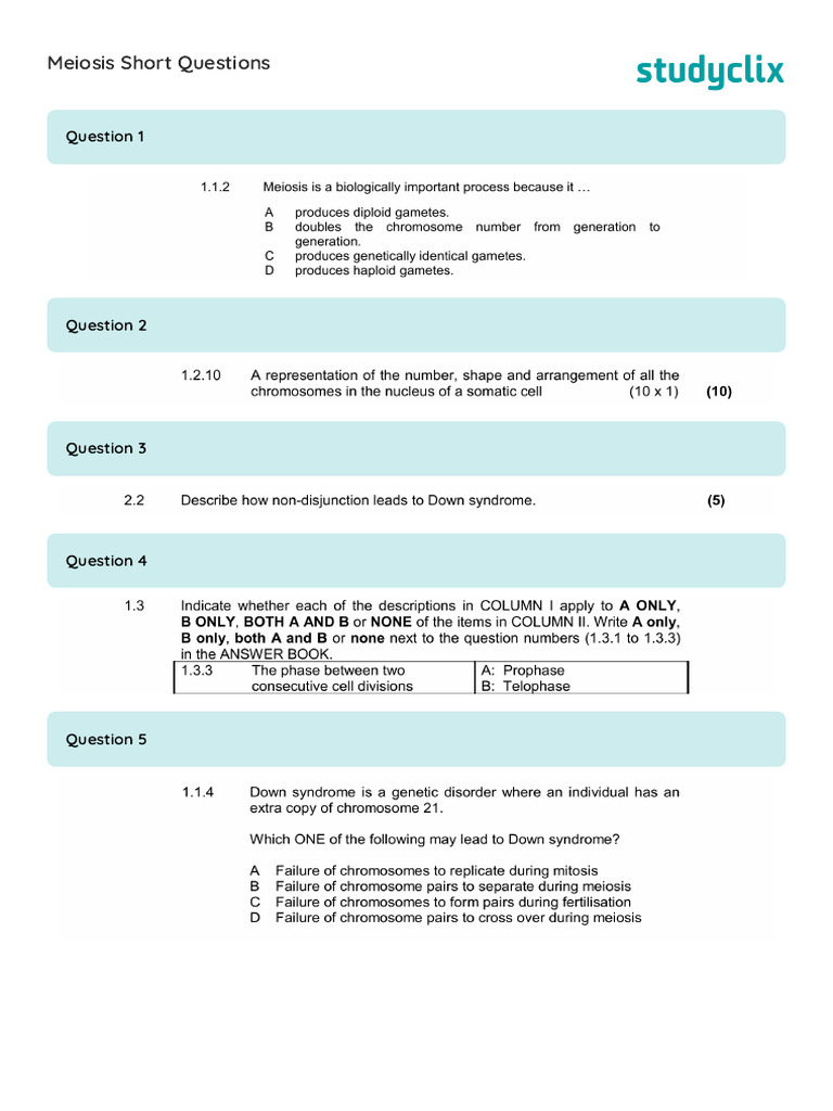 Meiosis Short Questions Questions | PDF