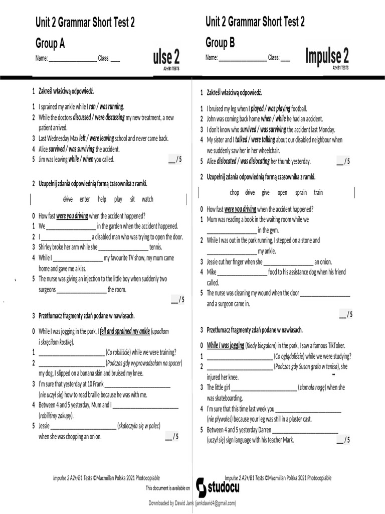 Unit 2 Grammar Short Test 2 a+B | PDF