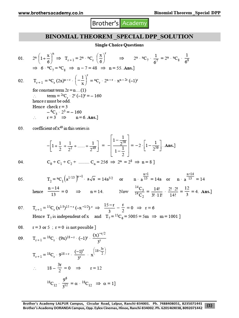 Binomial Theorem - Special DPP - Solution | PDF | Numerical Analysis ...
