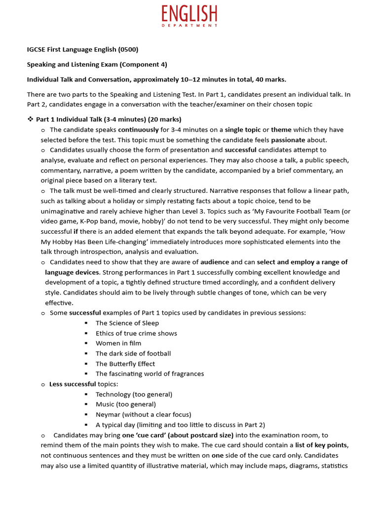 IGCSE First Language English Speaking Component | PDF | Conversation ...