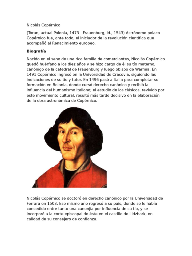 Biografica Nicolás Copérnico y Su Clasificacion | PDF | Nicolás ...