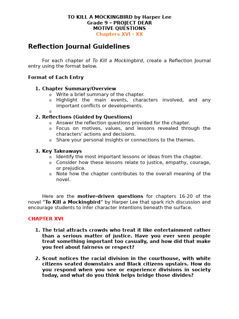 Chapters 16 20 Reflection Questions To Kill A Mockingbird | PDF | To ...