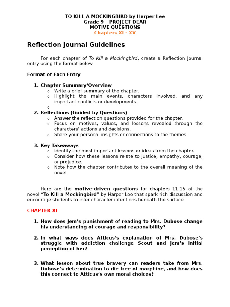 Chapters 11 15 Reflection Questions To Kill A Mockingbird | PDF | To ...
