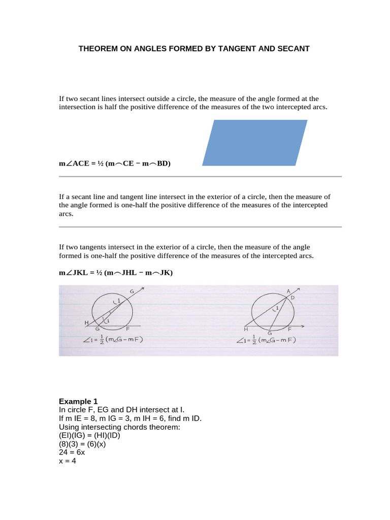 THEOREM ON ANGLES FORMED BY TANGENT AND SECANT | PDF | Circle ...