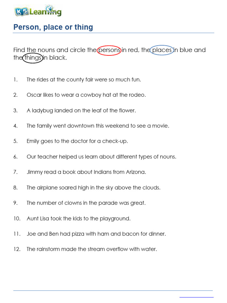 Grammar Grade 3 Nouns Person Place Thing 2 | PDF