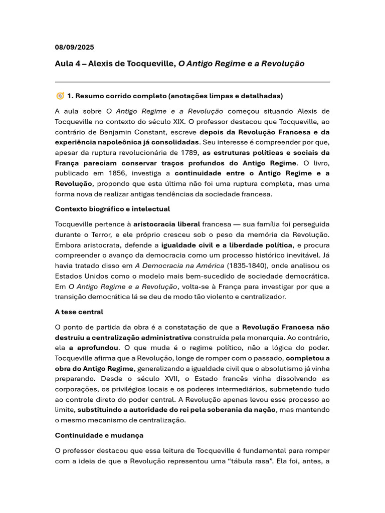 Resumo GPT - Aula 4 - 08 09 2025 - Tocqueville, Alexis - O Antigo ...