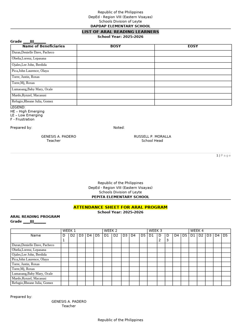 ARAL Program Attendance Sheets Dapdap ES | PDF