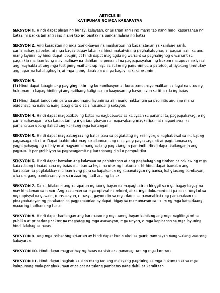 Tagalog Article III Bill of Rights | PDF