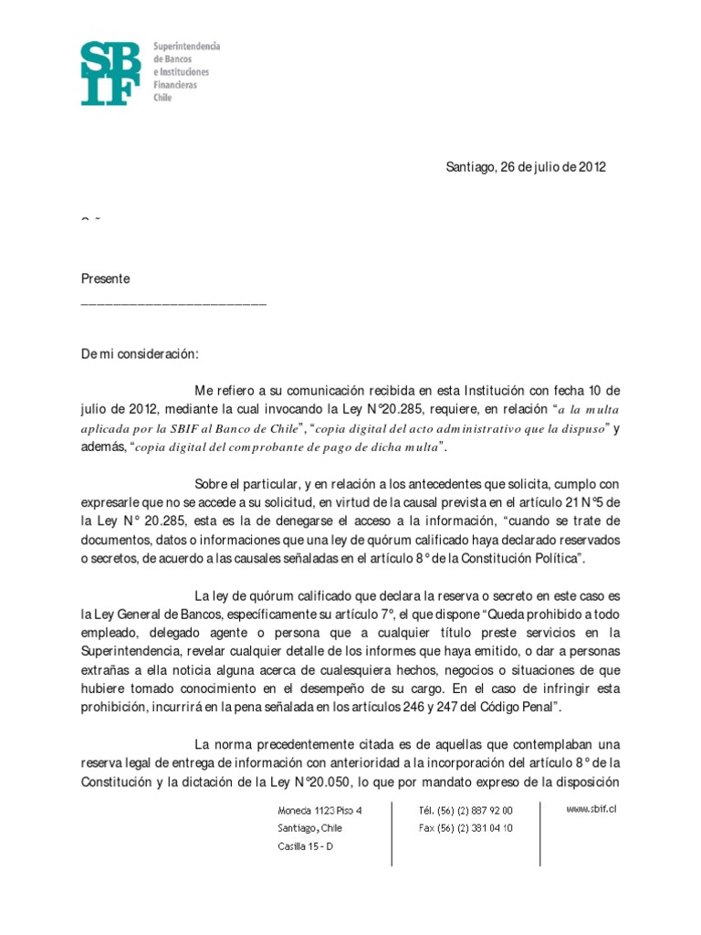 RPTA SBIF Pago Multa Banco Chile | PDF | Bancos | Constitución