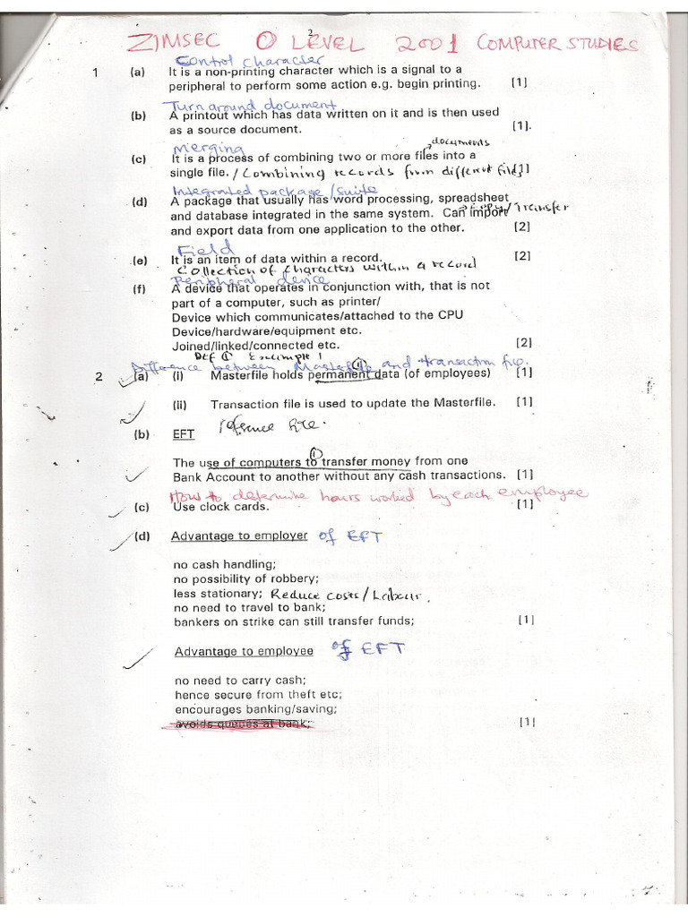 2001 O Level Computer Studies Past Paper 2001marking Giude | PDF