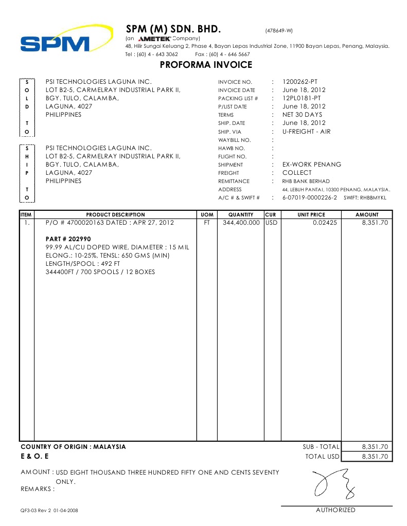 Proforma Invoice for PSI Technologies | PDF