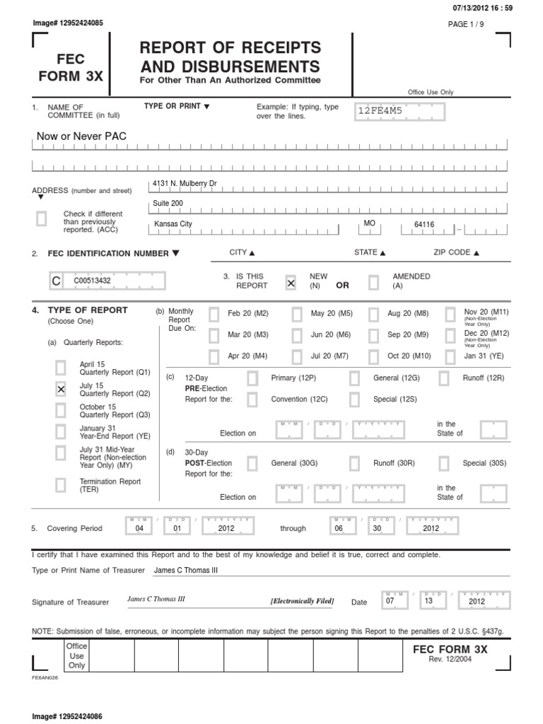 Report of Receipts and Disbursements: FEC Form 3X | PDF | Political ...
