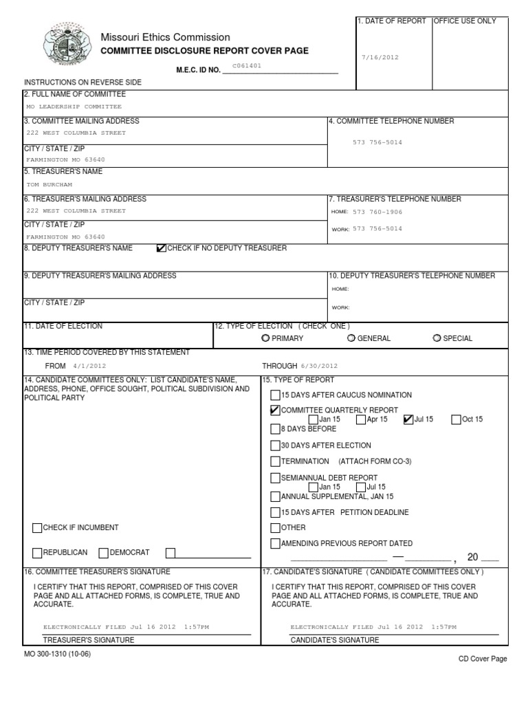 Missouri Ethics Commission: Committee Disclosure Report Cover Page | PDF