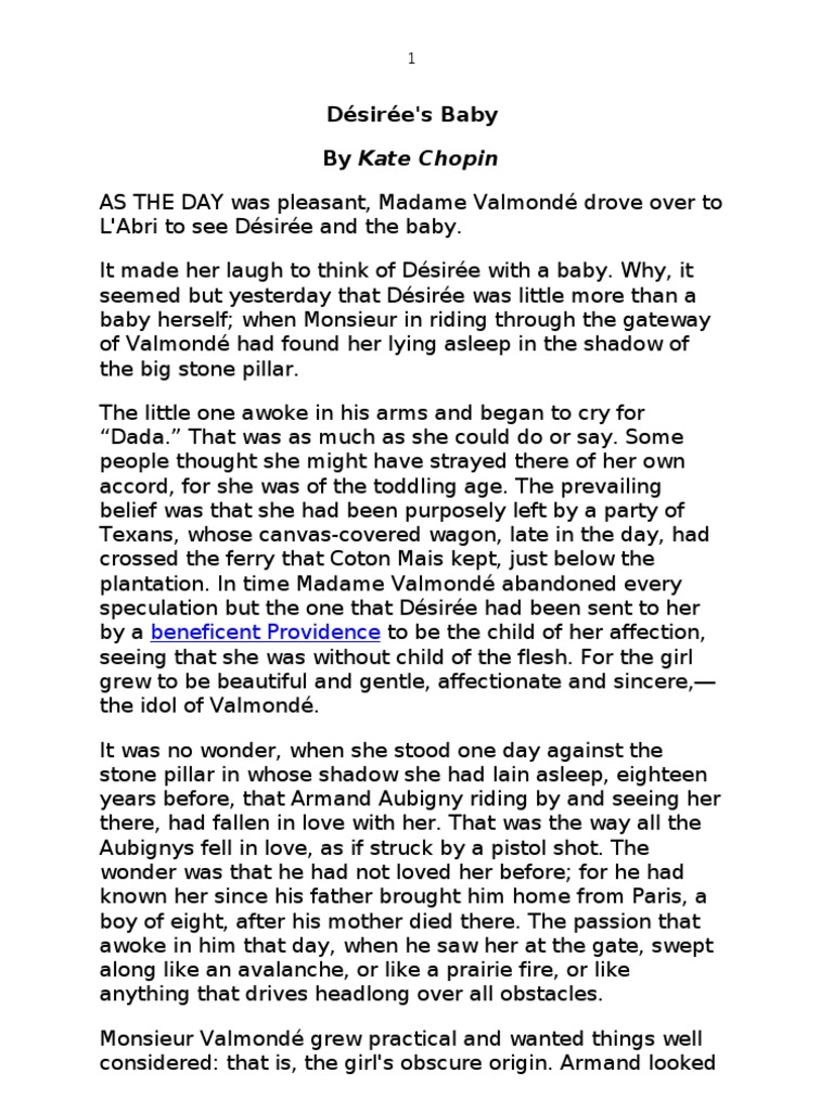 Désirée's Baby by Kate Chopin: Beneficent Providence | PDF