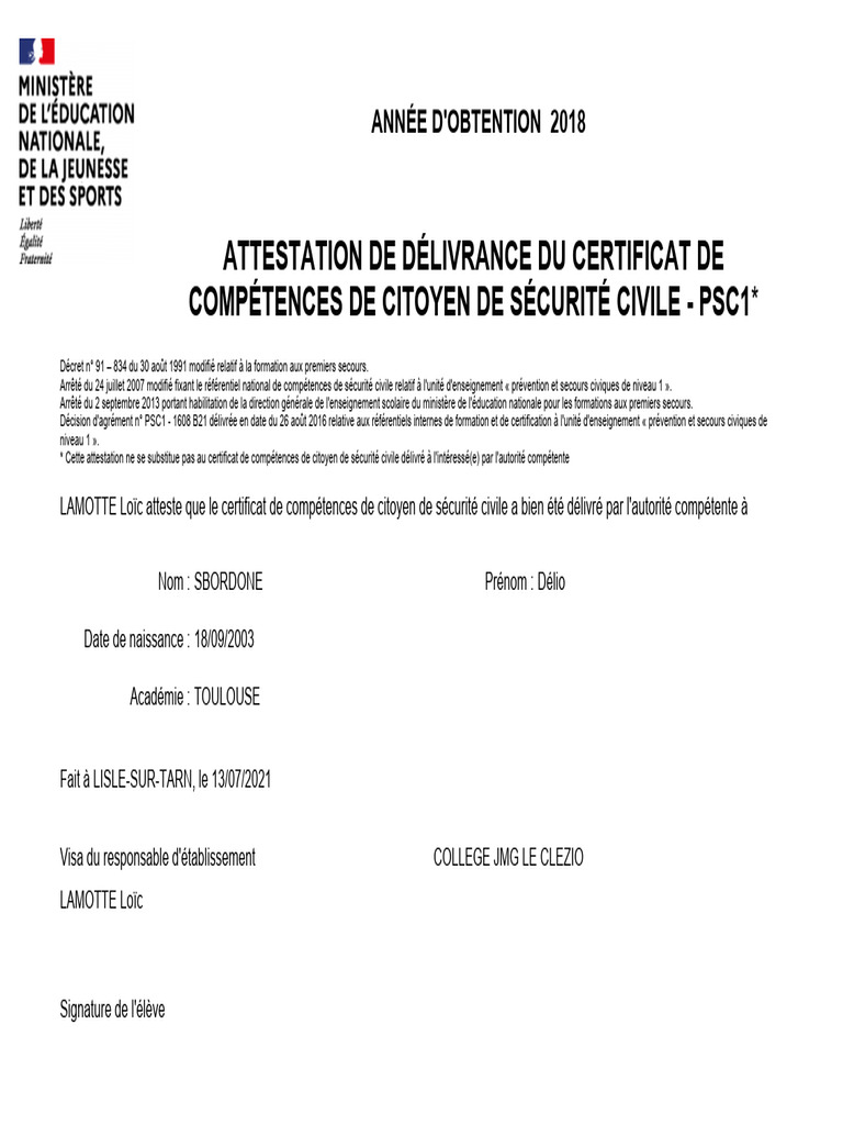 Attestation PSC1 SBORDONE Délio 2018 | PDF