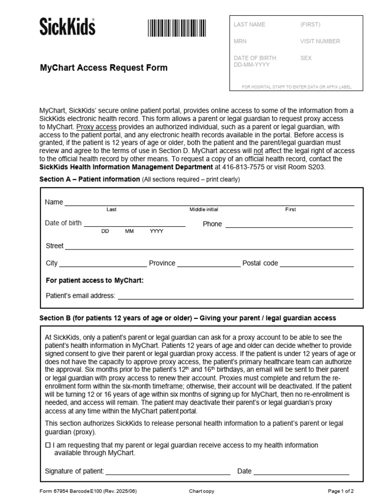 Mychart Access Request Form | PDF | Legal Guardian | Medicine