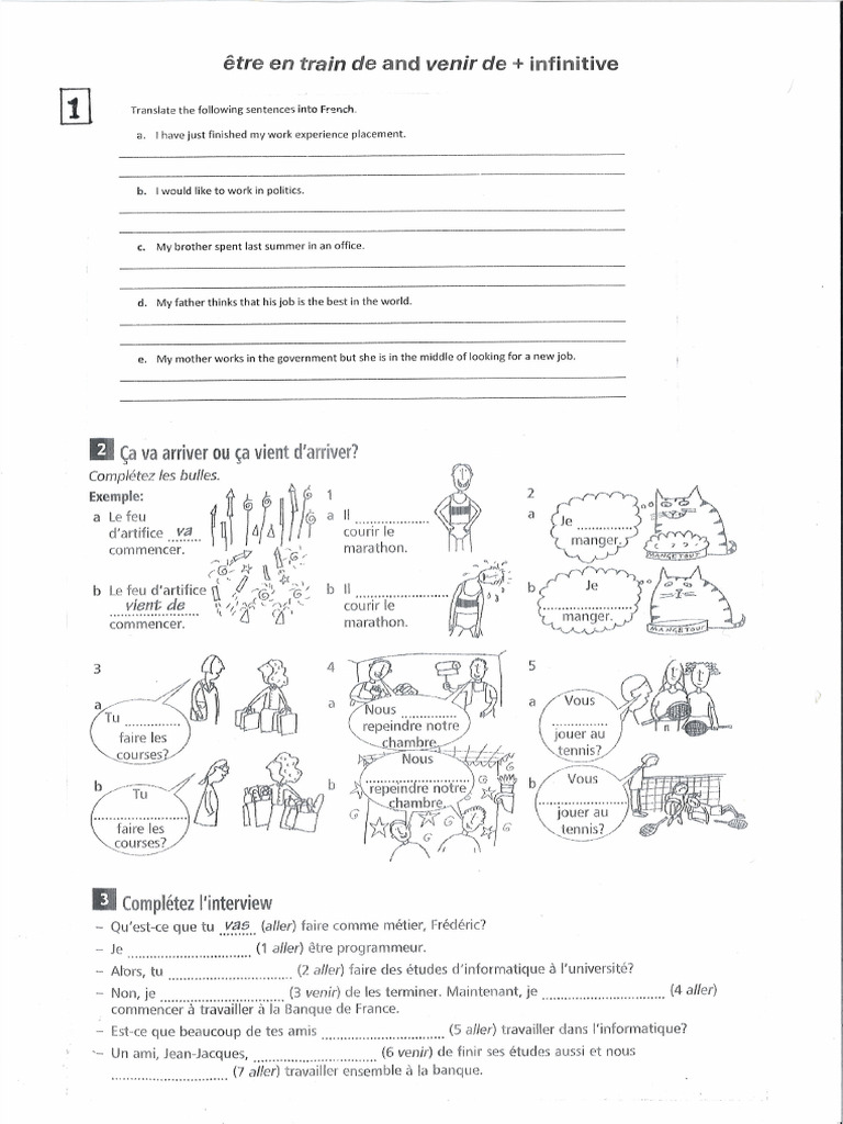3.2H Worksheet Etre en Train de +venir de +infinitive | PDF