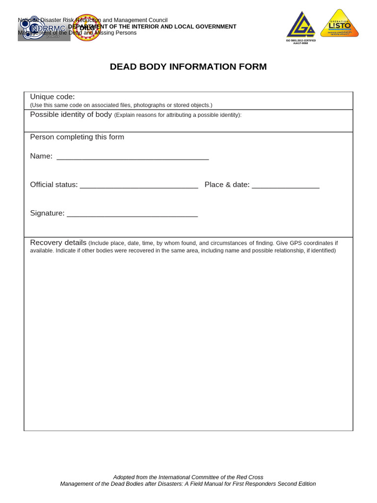 Dead Person Information and Missing Information Form | PDF | Identity ...