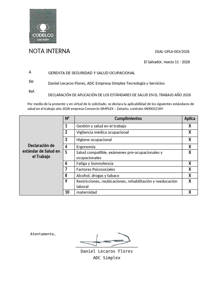 NOTA INTERNA Declaracion de Aplicacion Estandares SST 2026 | PDF