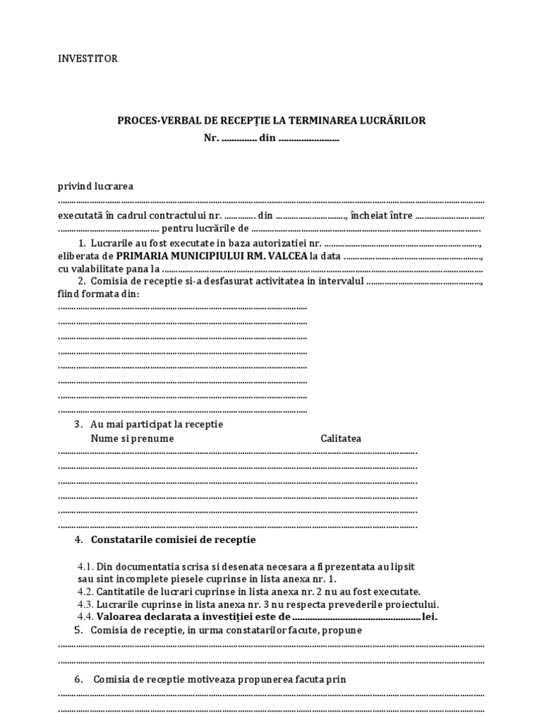 Model Proces Verbal de Receptie La Terminarea Lucrarilor | PDF
