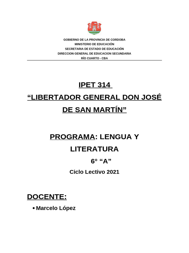Programa Lengua y Literatura 6to Ipet 314 2021 | PDF | Verbo | Narración