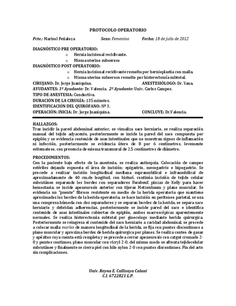 Protocolo Operatorio Cama 18 Mujeres | PDF | Cirugía | Enfermedades y trastornos