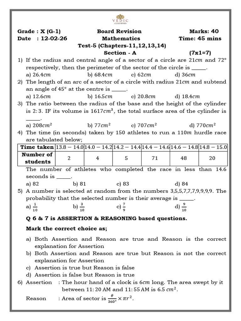 Class-10 Maths (G-1) BR Test-5 (Ch-11,12,13,14) | PDF | Area | Circle