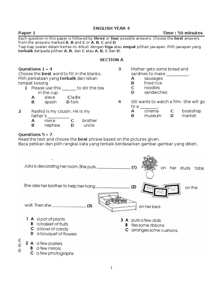 A Comprehensive English Year 4 Exam Paper with Multiple Choice ...