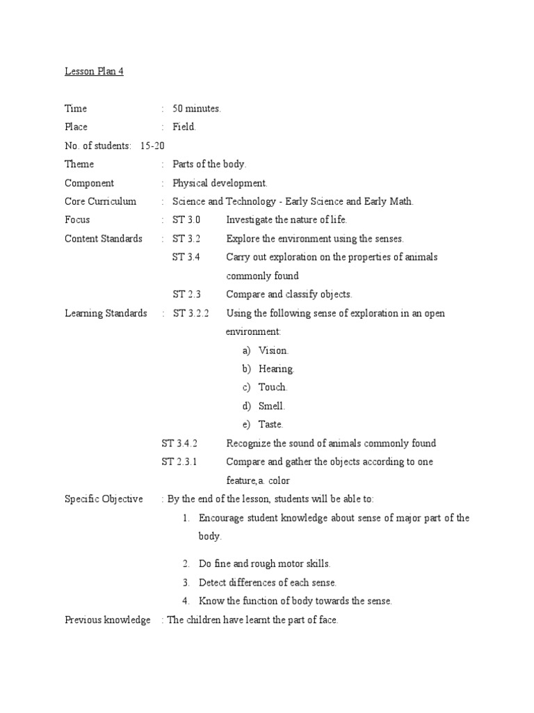 Kindergarten Body Parts Lesson Plan | PDF | Senses | Lesson Plan