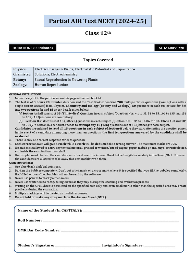Partial AIR Test - Class-12th NEET (2024-25) - 31!08!2024 - Question ...