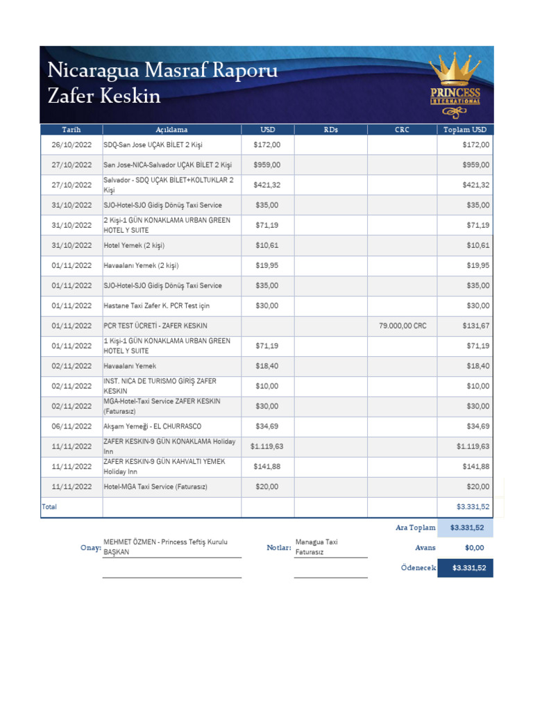 NICA-Zkeskin Masraf Raporu | PDF