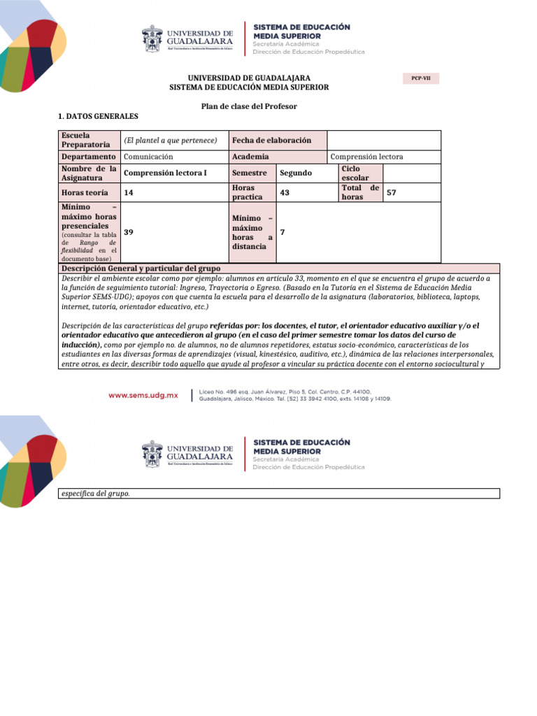 Plan de clase del profesor. U1. Comprensión lectora 1. UDG | PDF ...