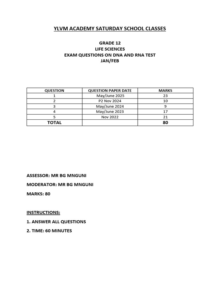 G12 Question On DNA N RNA Exams (Autosaved) - 023154 | PDF | Dna ...