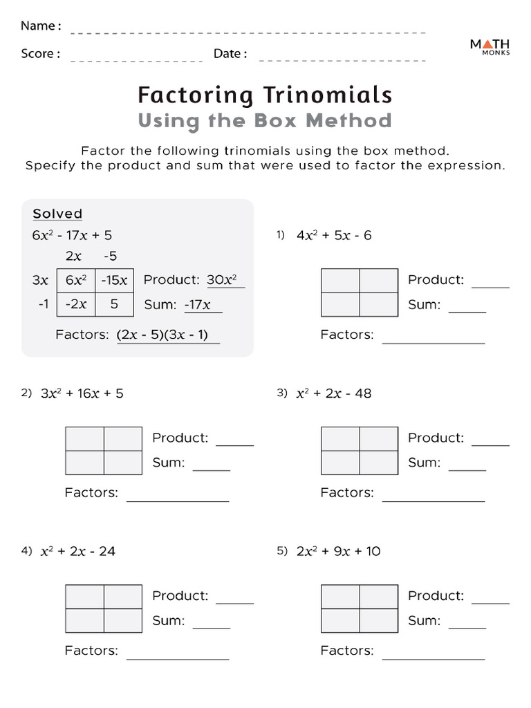 Factoring Trinomials Box Method Practice Worksheet | PDF