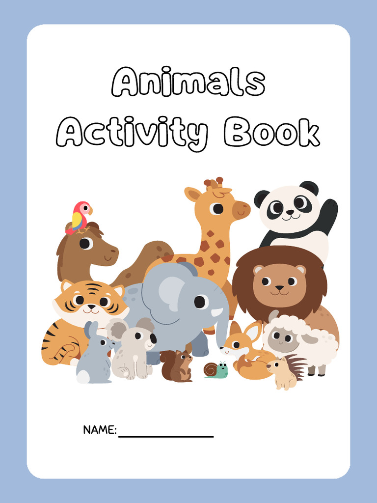Blue and White Fun Animals Activity Book Printable Worksheet | PDF