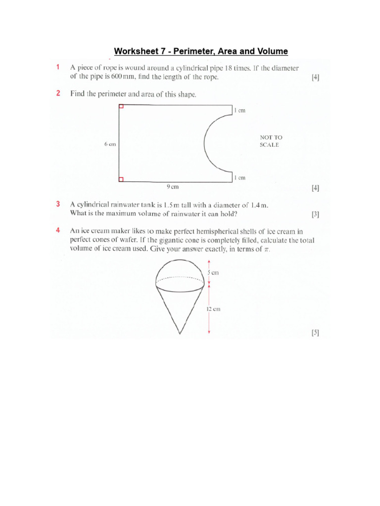 Worksheet 7 - Perimeter, Area and Volume. | PDF