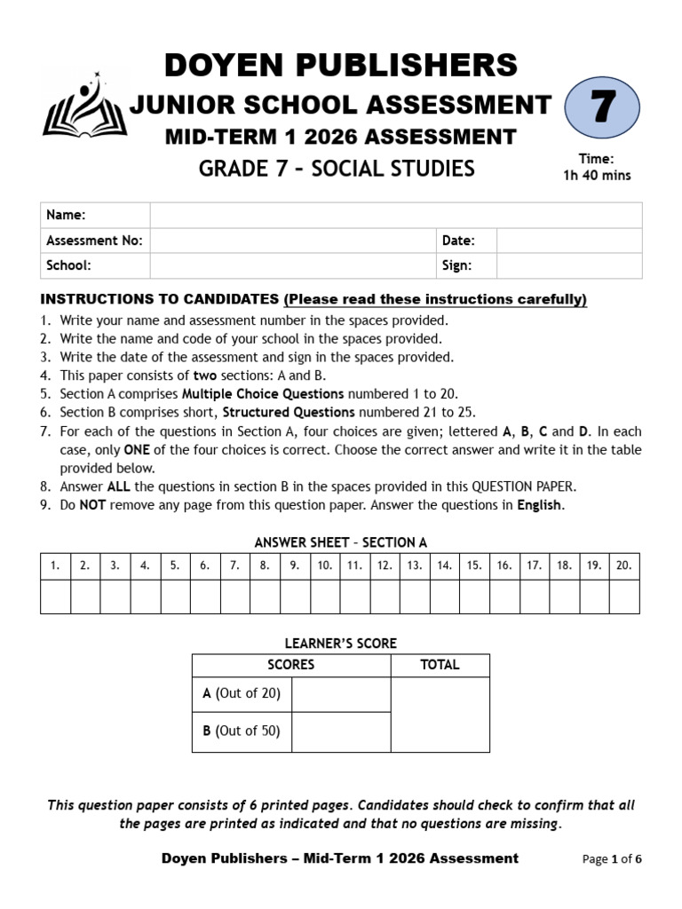 Grade 7 Social Studies Mid Term 1 2026 Assessment PDF 1770488944181 | PDF