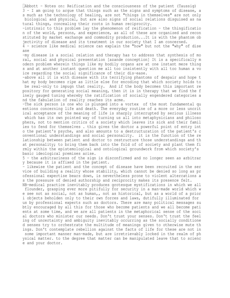 Taussig - Reification and Consciousness of Patient | PDF | Metaphysics ...