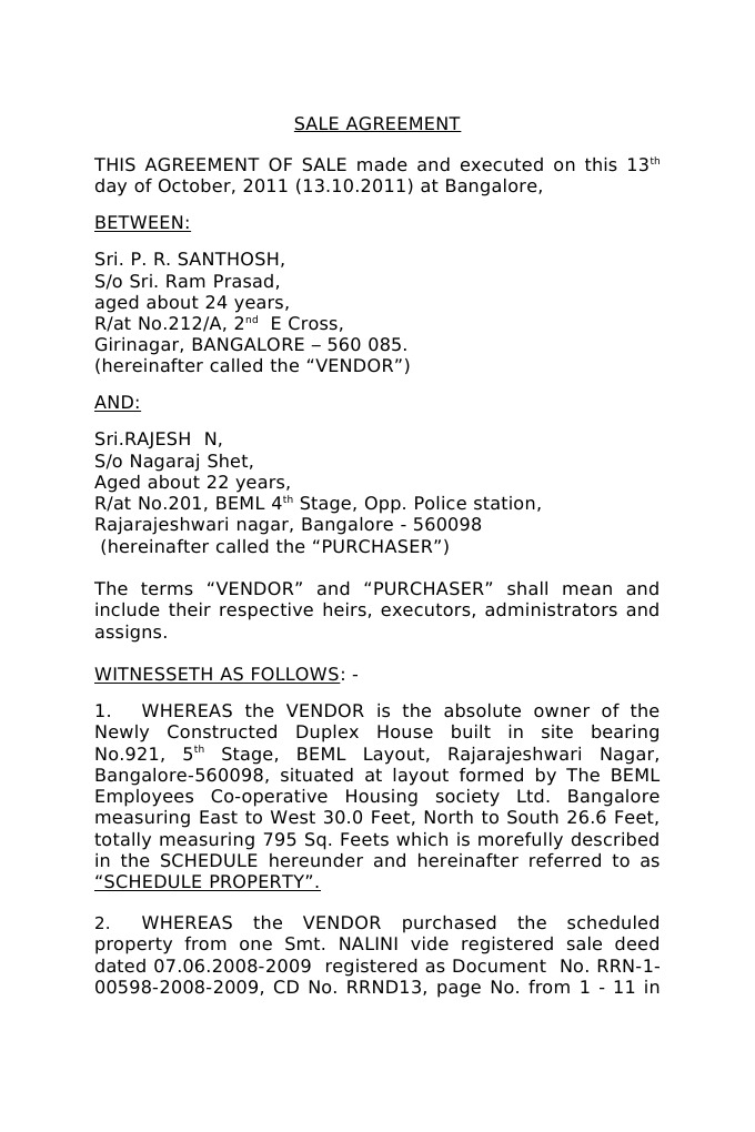 Model Sale Agreement | PDF | Rupee | Common Law