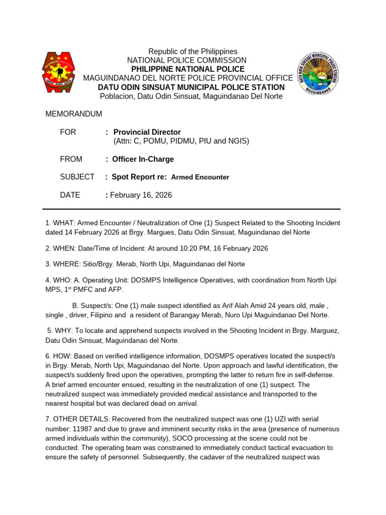 Spot Report Armed Confrontaion Dated February 16, 2026 | PDF