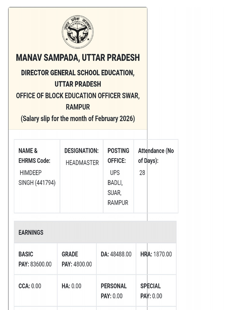 Salary Slip For The Month of February 2026 | PDF