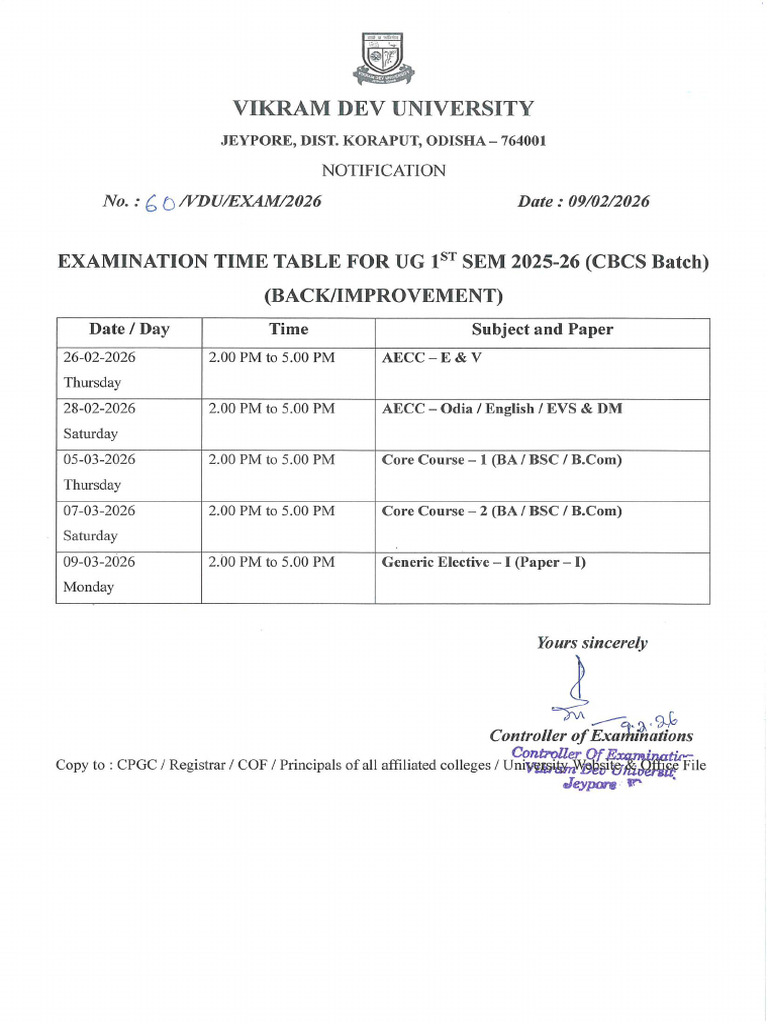 Exam Time Table UG 1st Sem 2025-26 Back Imp CBCS Batch | PDF