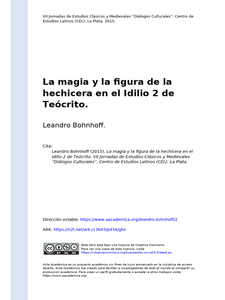Leandro Bohnhoff (2015). La Magia y La Figura de La Hechicera en El ...