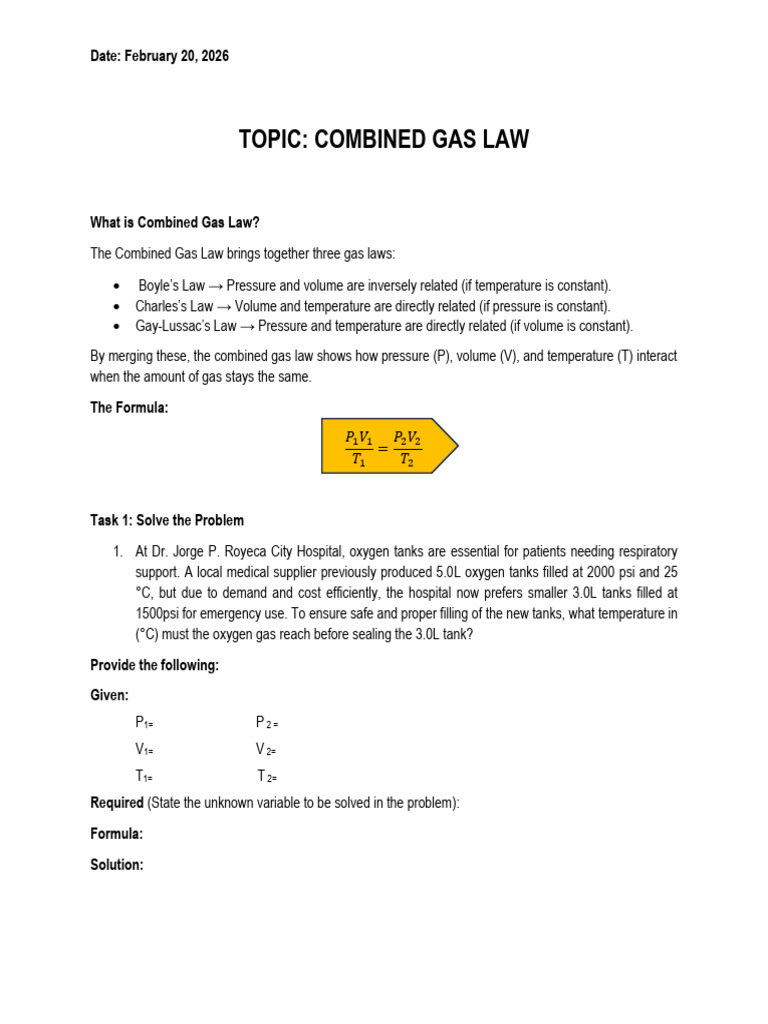 Combined Gas Law Activity Worksheet | PDF | Gases | Temperature